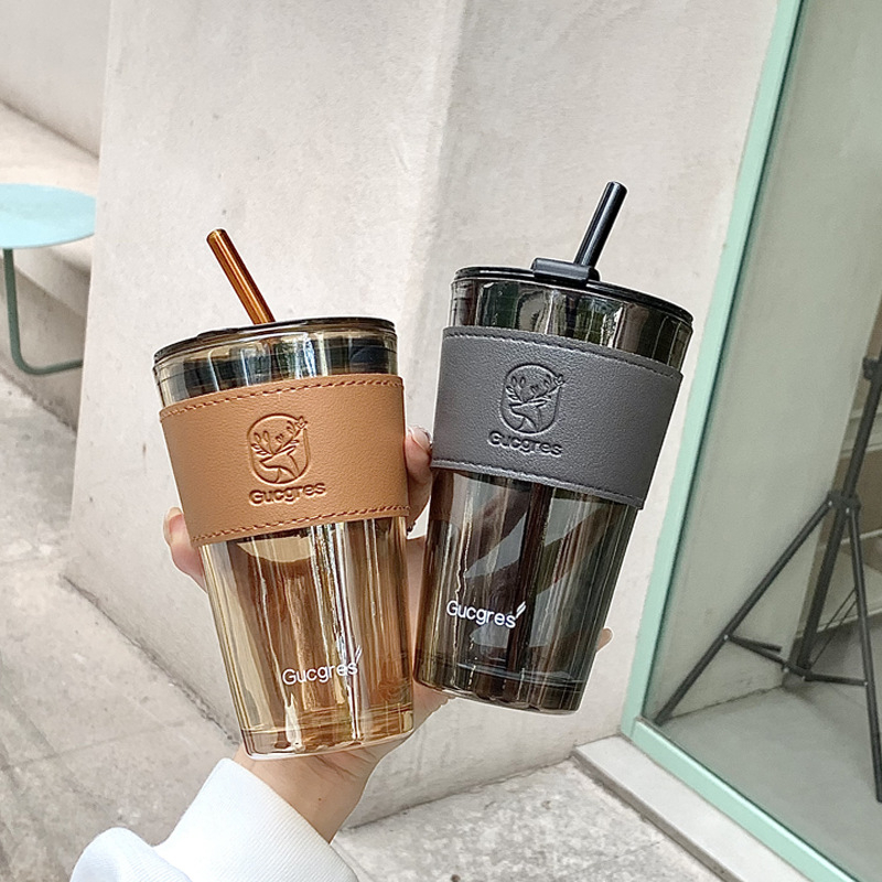 [Miễn Phí khắc Tên] Cốc thủy tinh takeaway Gucgres 450ml có nắp, bao da ...