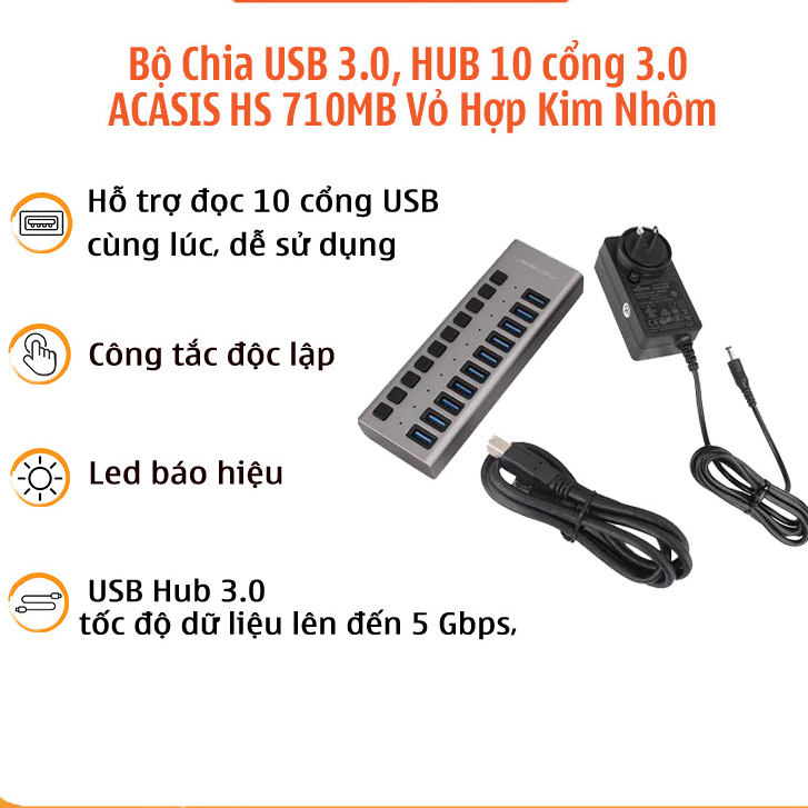 Bộ chia Hub 10 - 13 - 16 cổng USB 3.0 ACASIS Chân USB – Công tắc riêng, Nguồn Rời 12V- ACASIS HS ...