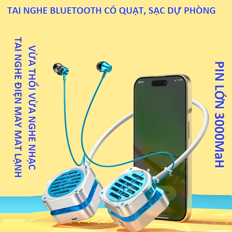 Tai Nghe Bluetooth 5.3 Đa Năng Kiêm Sạc Dự Phòng, Quạt Treo Cổ , Dung lượng Pin lớn 3000mAh Sử ...