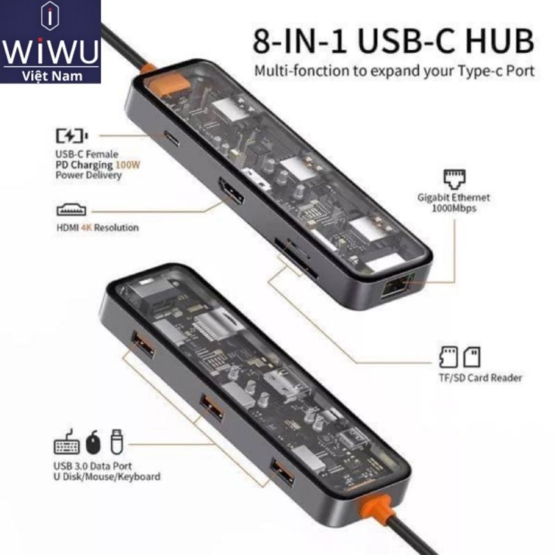 Hub USB-C 8in1 Trong Suốt WIWU Cyber USB 3.0, SD/TF, HDMI, Lan RJ45 bảo ...