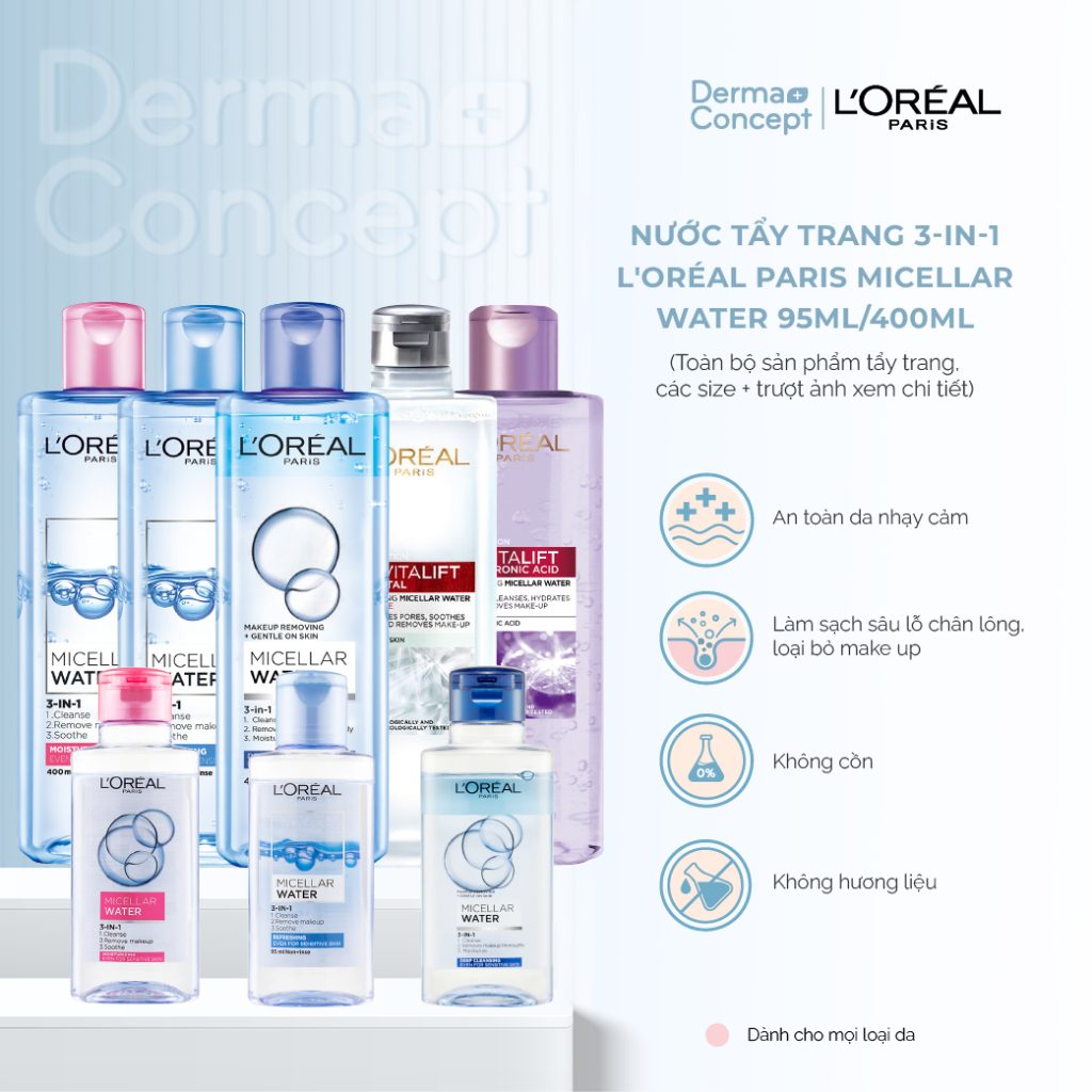 Nước tẩy trang làm sạch sâu cho da 3-in-1 L'Oreal Paris Micellar Water 95ml/400ml [NHẬP KHẨU ...