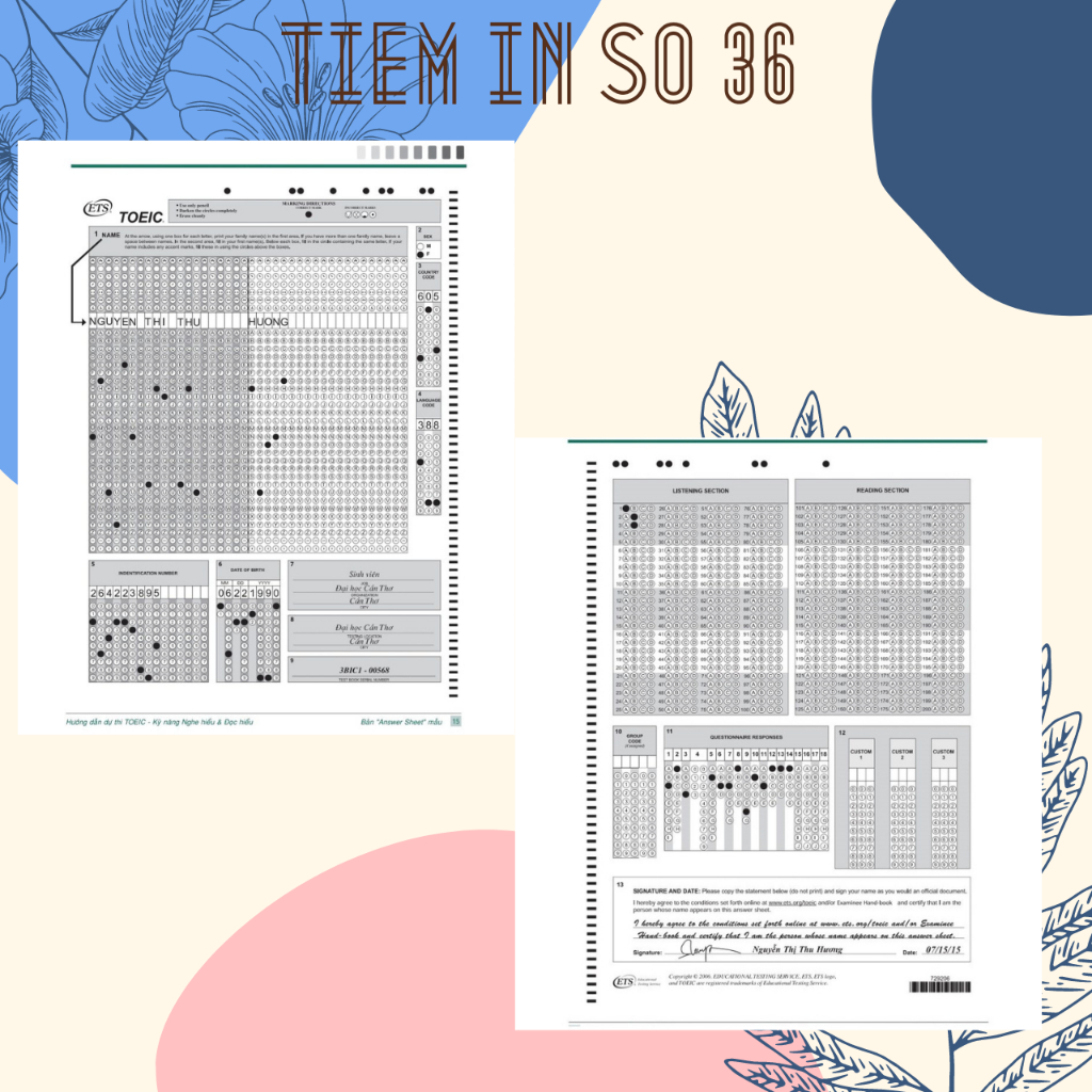Phiếu trả lời bài thi TOEIC answer-sheet bản chuẩn, Listening và ...