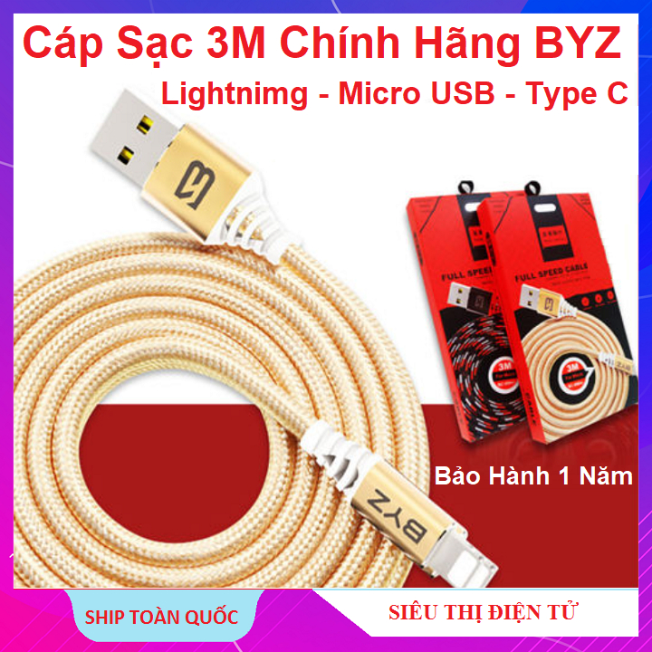Cáp Sạc Nhanh Chính Hãng BYZ, Vỏ Dây Dù Dài 3 Mét, Dây Sạc Micro USB, Lightnimg, Type C, 2.1A ...