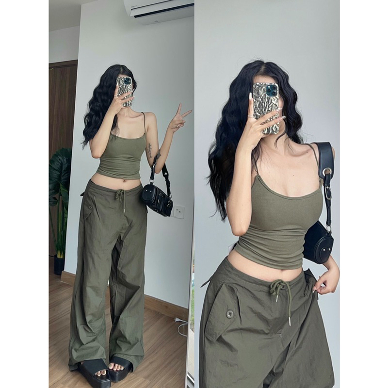 [ HÌNH THẬT ] Quần dù 2yk xanh rêu - Áo thun hở lưng đan dây | Shopee ...