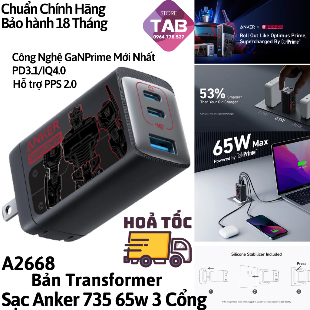 Sạc Anker 735 65w [Gan Prime] Bản Transformer PD3.1/IQ4.0/PPS2.0 2C+1A ...