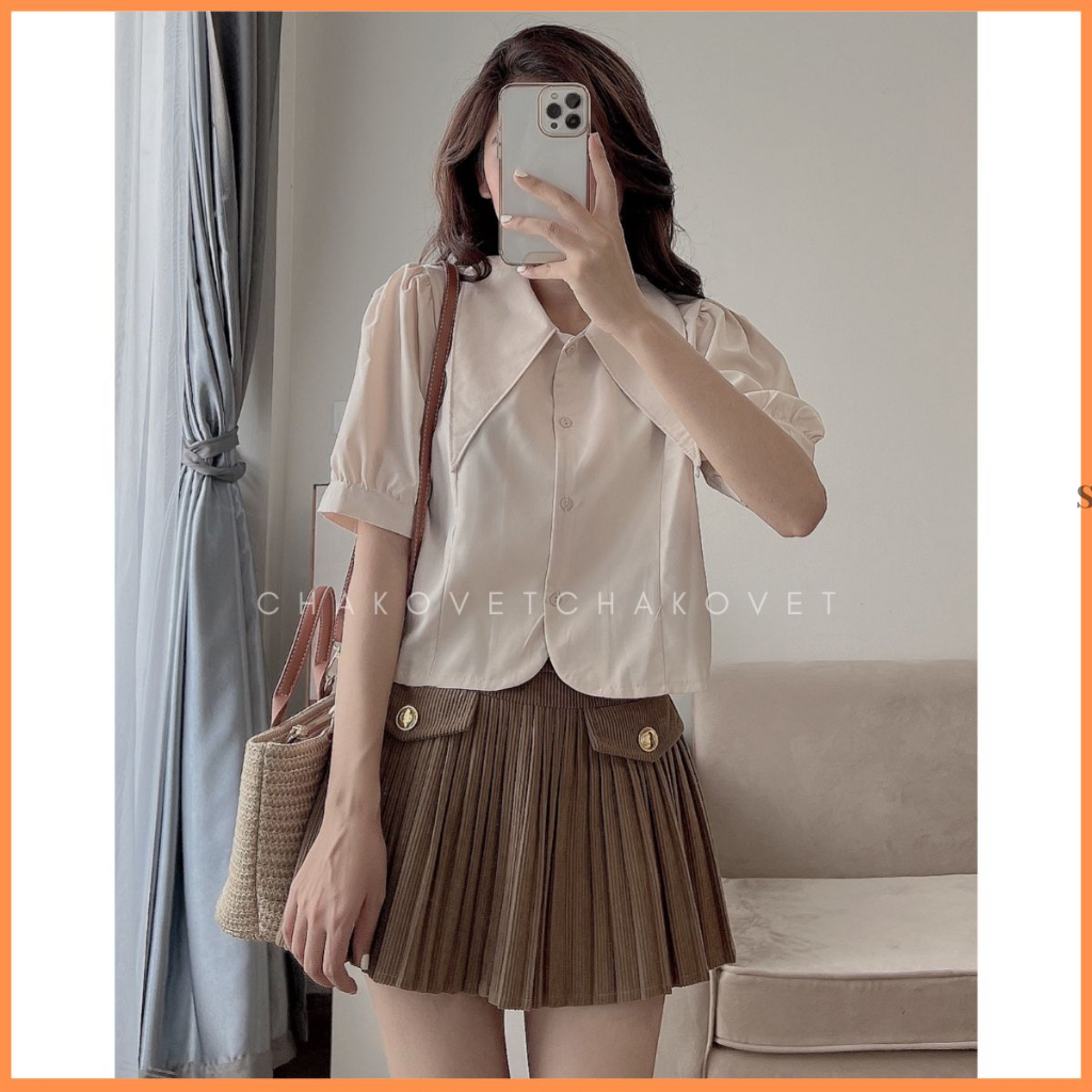Áo sơ mi cộc tay cổ nhọn dáng ngắn A8636 áo tiểu thư tay bồng dáng ...