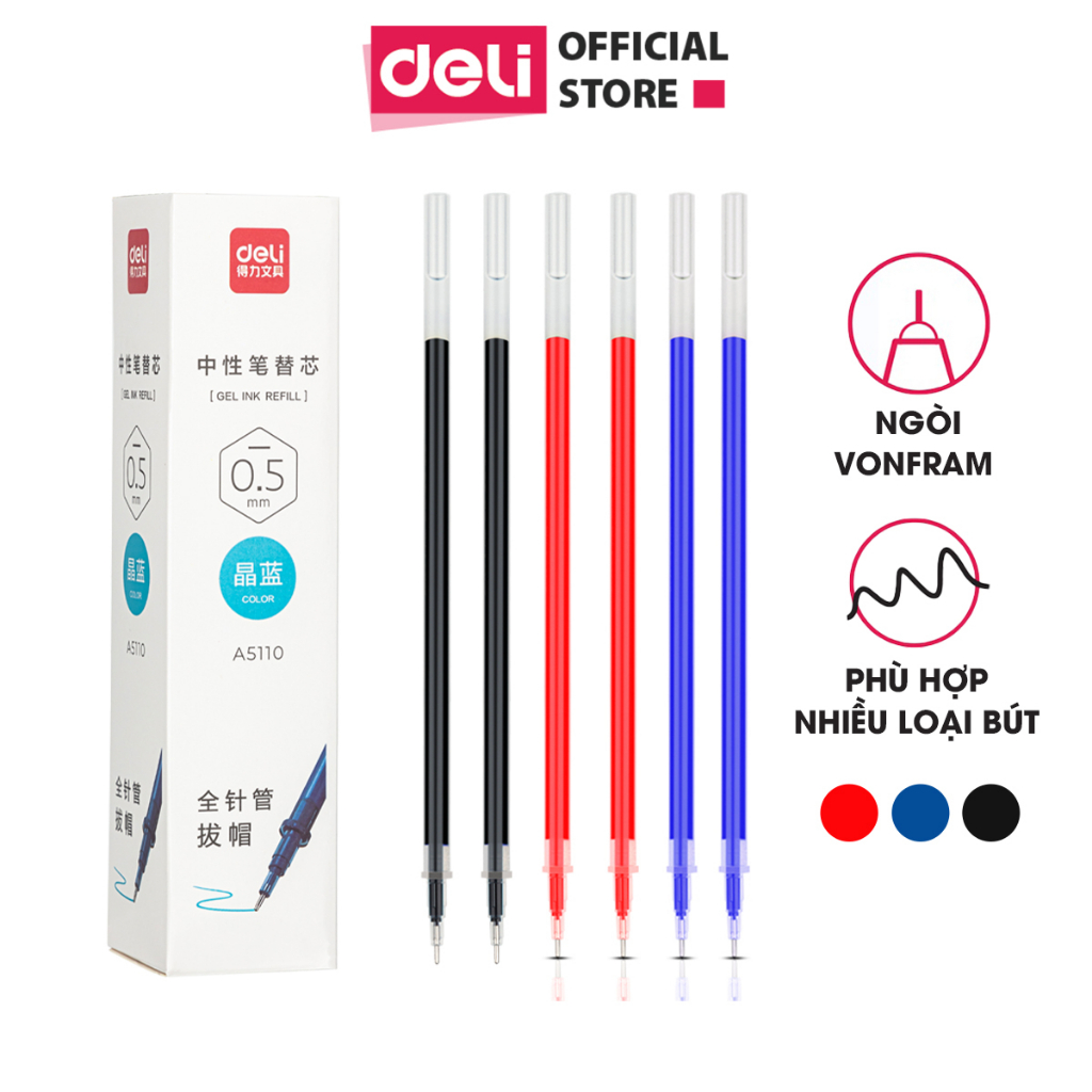 Combo 10 ngòi bút bi nước mực gel ngòi 0.5mm Deli nhanh khô nét viết trơn tru lâu hết mực chất ...