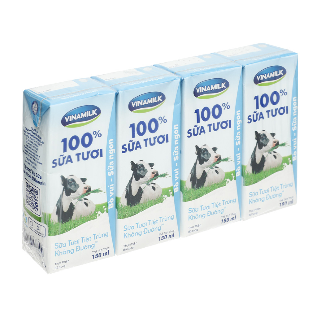 Lốc 4 hộp sữa tươi tiệt trùng không đường Vinamilk 180ml | Shopee Việt Nam