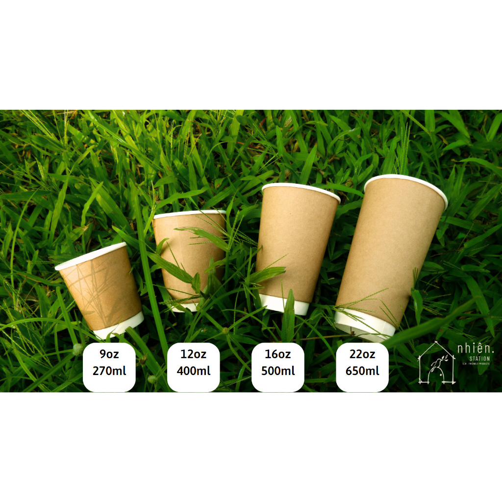 20 ly/cốc giấy kraft có nắp,2 lớp 1PE 270ml - 9oz, 400ml - 12oz, 500ml - 16oz, 650ml-12oz chịu ...