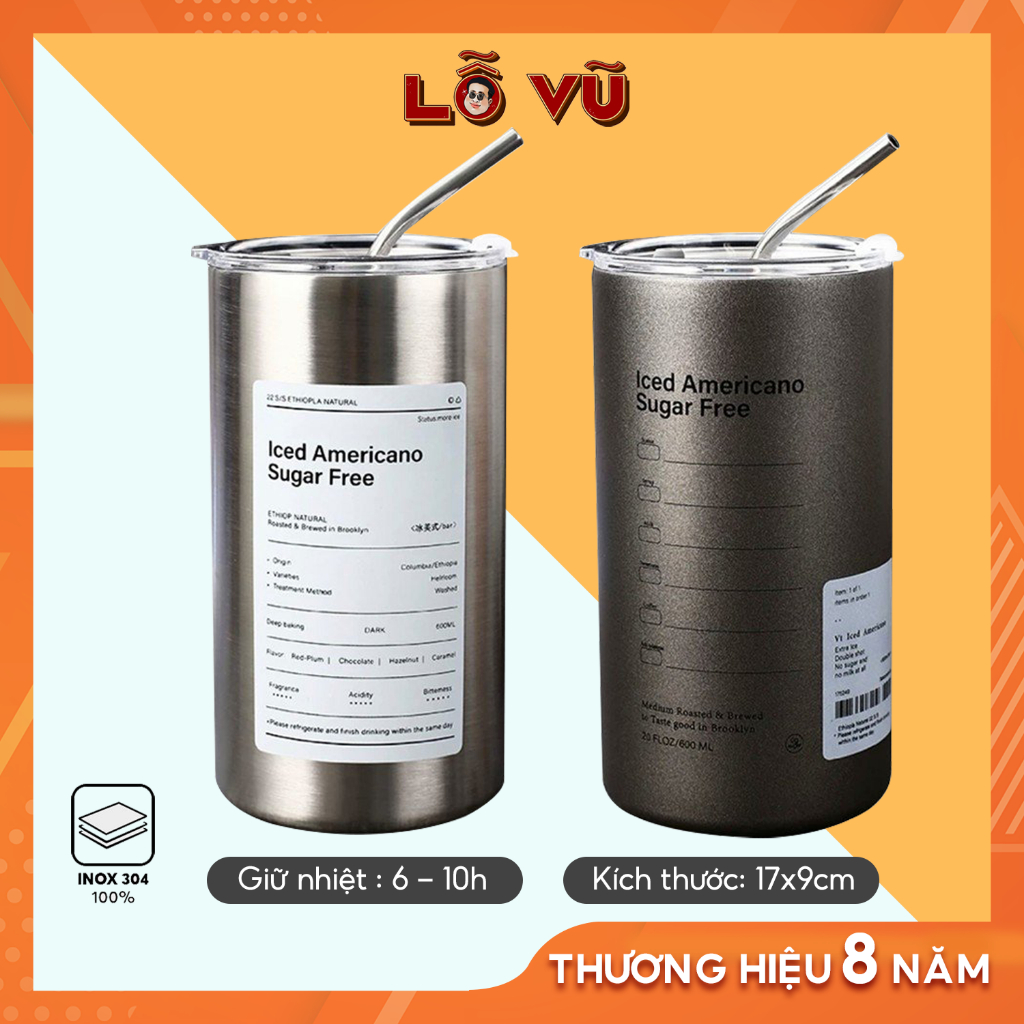 Cốc Uống Nước Iced Americano Inox 304, Có Ống Hút Ly Uống Coffee 600ML, Bình đựng nước giữ nhiệt ...