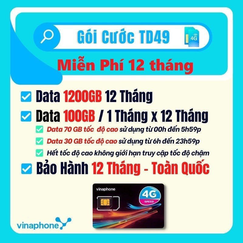 [ TRỌN GÓI 1 NĂM] SIM 4G VINAPHONE TD49 MIỄN PHÍ SỬ DỤNG DATA TỐC ĐỘ CAO 100GB/ THÁNG - SIM MAX ...