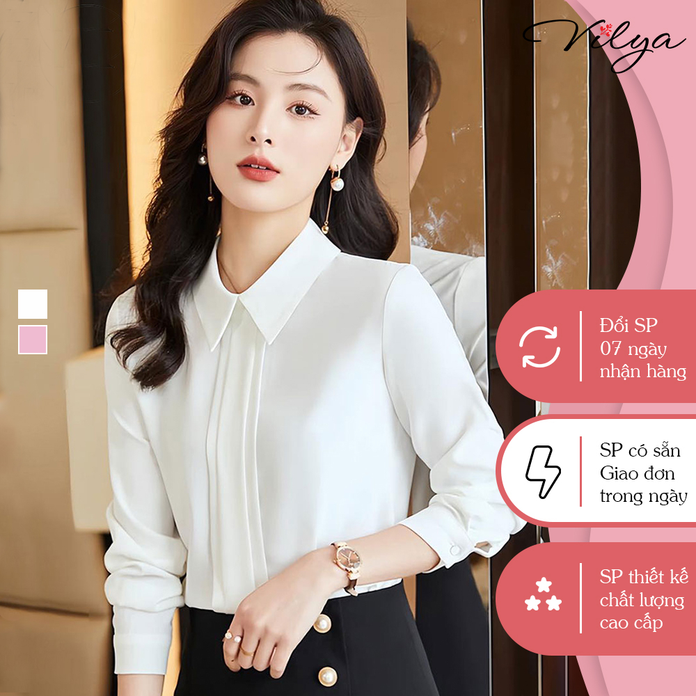 Áo sơ mi kiểu trắng nữ dài tay công sở Hàn Quốc VILYA trẻ trung basic không lộ nội y chất lụa ...