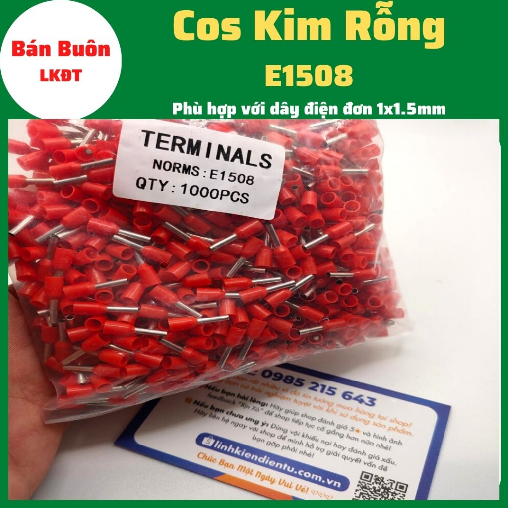 Đầu cos kim rỗng E1508, cos kim E1508, đầu cos kim rỗng dùng cho dây điện 1.5mm, đầu cos dây ...