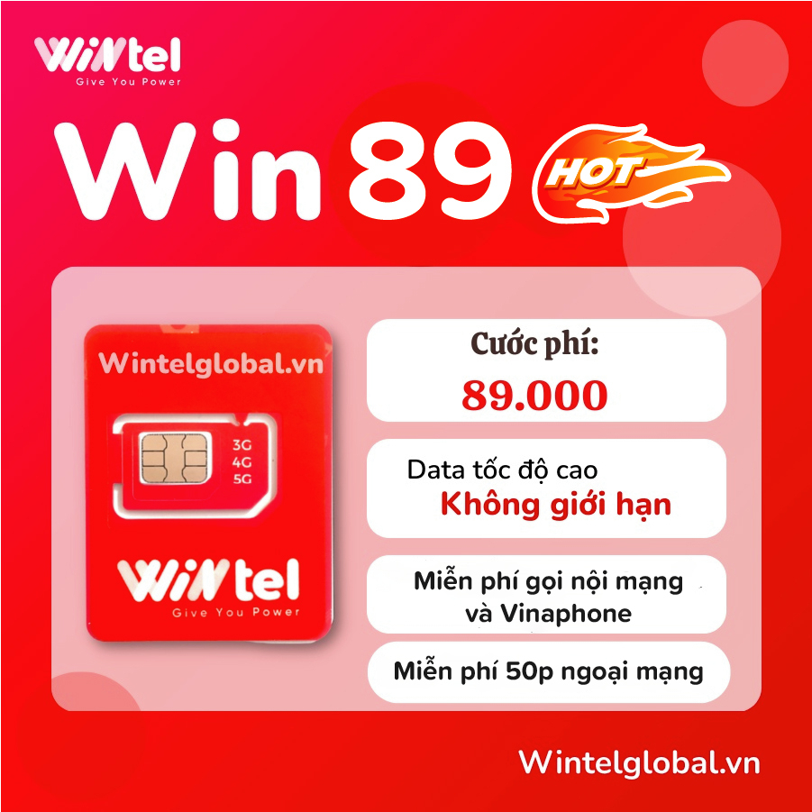 SIM Data Wintel Win89 - KHÔNG GIỚI HẠN DATA - Miễn phí gọi nội mạng + Vinaphone + 50 phút gọi ...