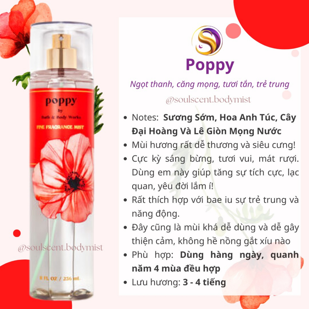 Body mist POPPY xịt thơm toàn thân Bath & Body Works (AUTH Mỹ) | Soul ...