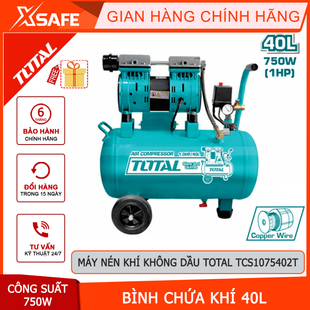Máy nén khí không dầu 40L TOTAL TCS1075402T công suất 750W(1HP), bình chứa 40L, mô tơ dây đồng ...