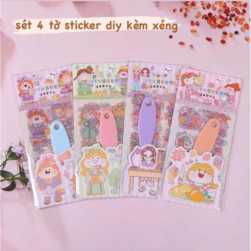 Sét 4 tấm sticker hình dán lấp lánh DIY kèm xẻng trang trí sách vở bình ...