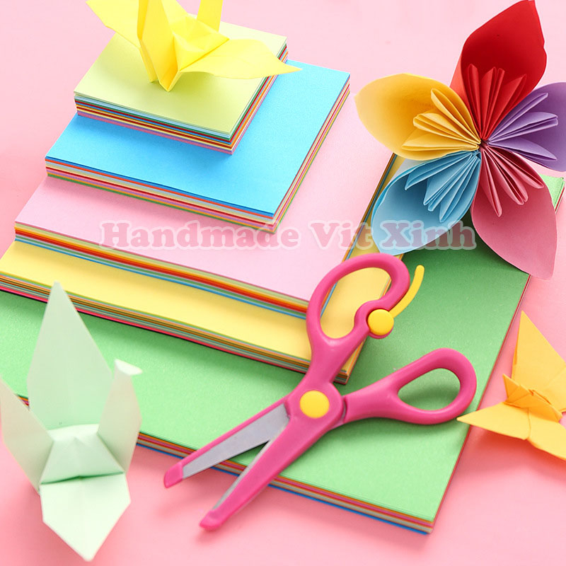 Giấy Origami tệp 100 tờ và 520 tờ | Giấy thủ công gấp hạc, hoa(10 màu ...