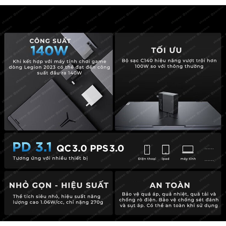 Bộ sạc Lenovo Legion C140 | Công suất 140W | Công nghệ GaN | PD 3.1 - QC 3.0 - PPS 3.0 | Trọng ...