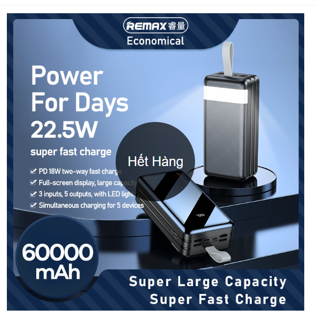 Pin Sạc Dự Phòng Remax RPP-173 Công Suất 60000mAh 22.5W, lõi Li-Polymer 3 cổng Input / 5 cổng ...