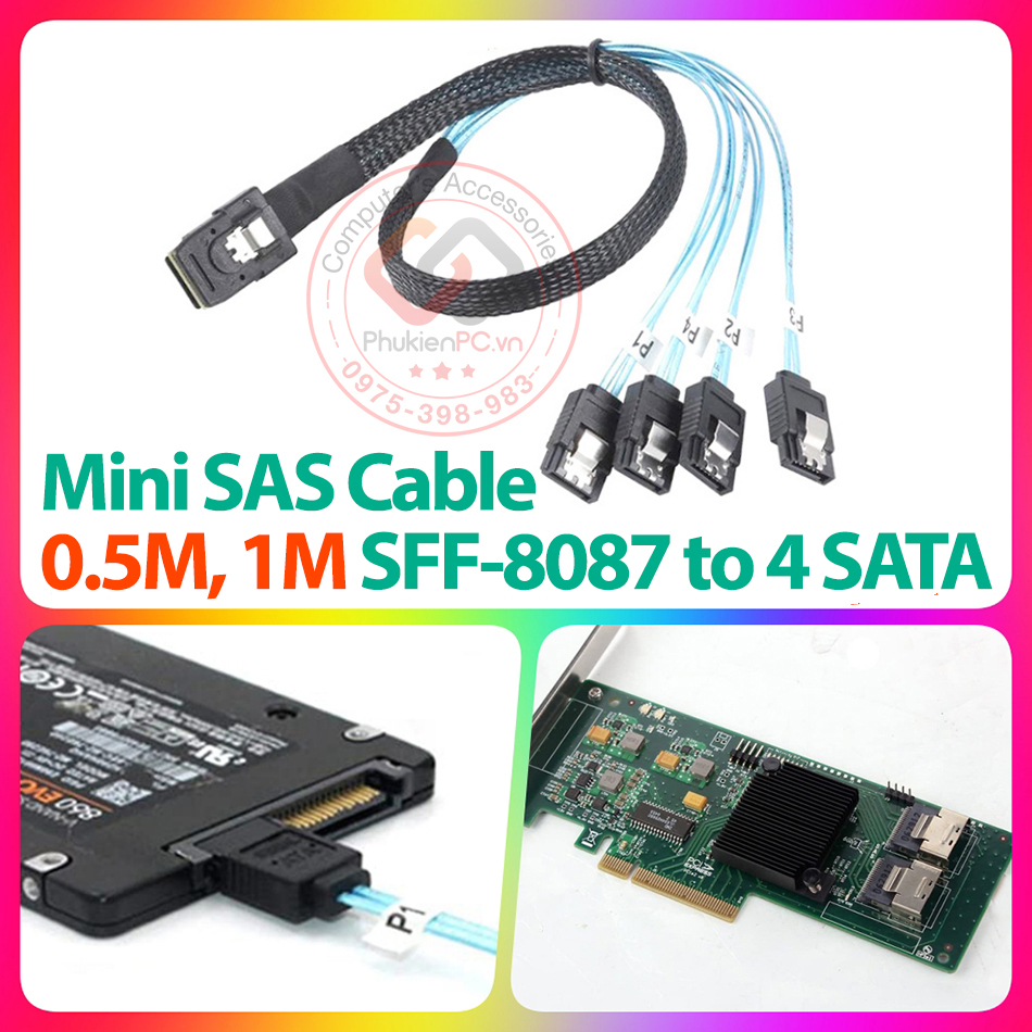 Dây cáp Mini SAS SF-8087 36Pin ra 4 SATA dài 0.5M 1M cho Server máy chủ ...