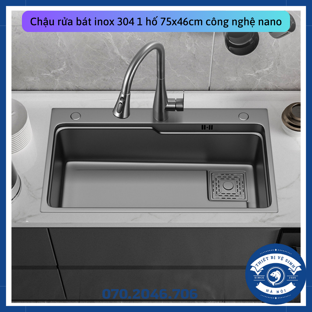 Chậu rửa chén bát INOX 304 cao cấp Hàn Quốc 1 hố kích thước 75x46cm, công nghệ NANO màu GHI ĐEN ...