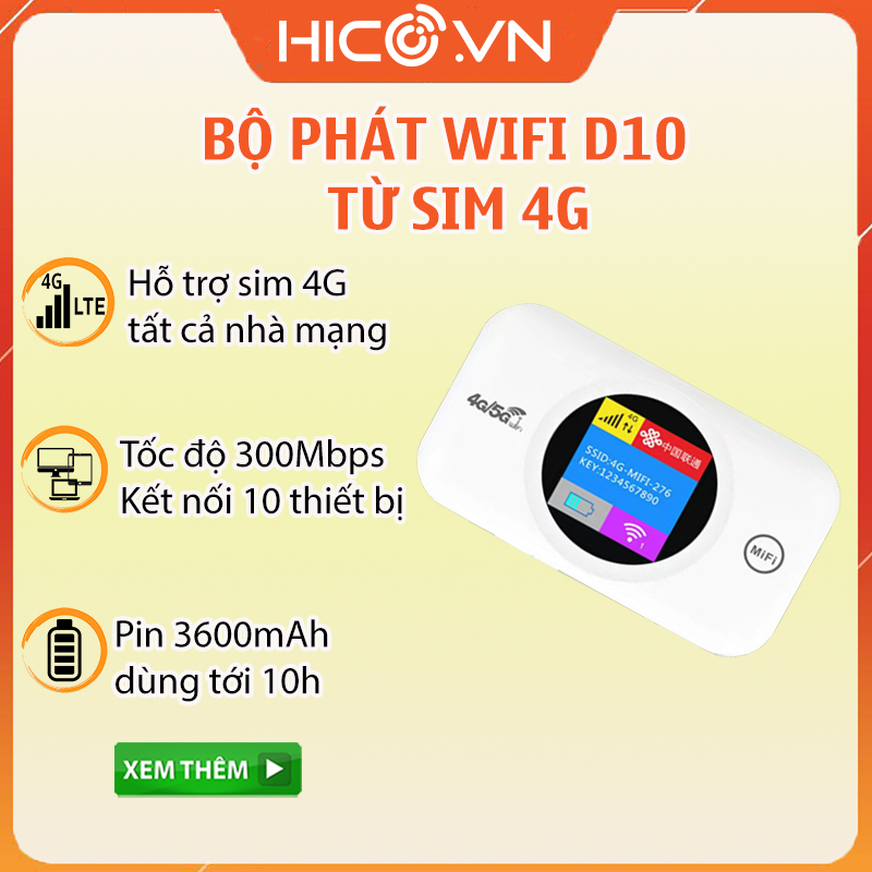 Bộ Phát Wifi 4G Hico D10 Tốc độ 300Mbps – Kết Nối 10 User, Màn Hình LCD, dung lượng pin lớn ...