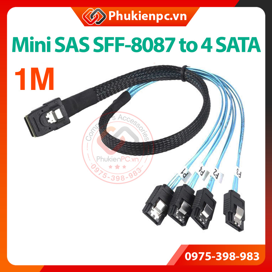 Cáp Mini SAS SF-8087 36Pin ra 4 SATA dài 1M Kết nối Mainboard Server ...