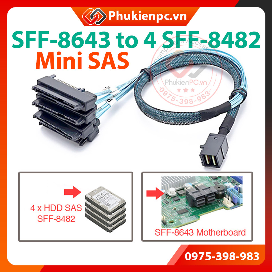 Dây cáp Mini SAS SFF-8643 sang 4 SFF-8482, dài 1M. kết nối ổ cứng HDD ...