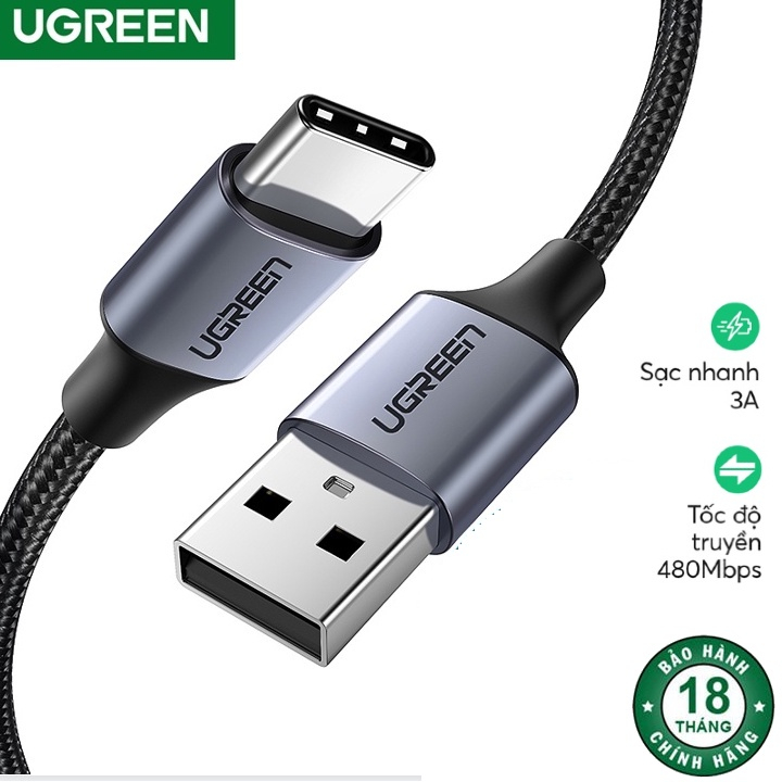 Cáp sạc nhanh USB to Type C UGREEN, dòng 3A, đầu nhôm dây dù, truyền dữ ...