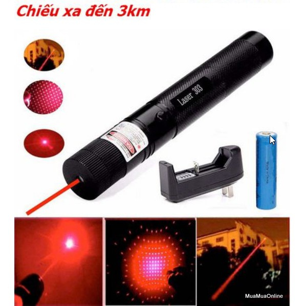 Đèn pin laser 303 Cao Cấp gồm pin, sạc và khóa - Bút trình chiếu laser ...
