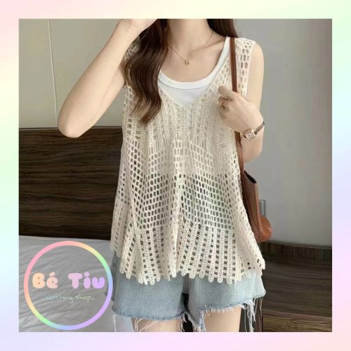 Áo Lưới Đi Biển Cổ V Sát Nách, Áo Ba Lỗ Nữ, Áo Dệt Kim Nữ Thời Trang ...