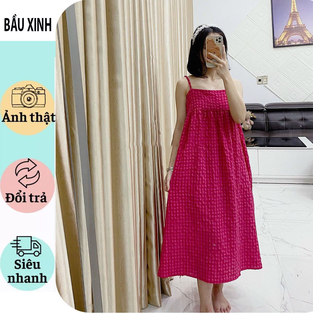 [V343 BẦU XIIN] VÁY BẦU MÙA È 2 DÂY KẺ CARO XỐP MẶC ĐI BIỂN DẠO PHỐ MẶC NHÀ DÁNG BABYDOLL XUÔNG ...