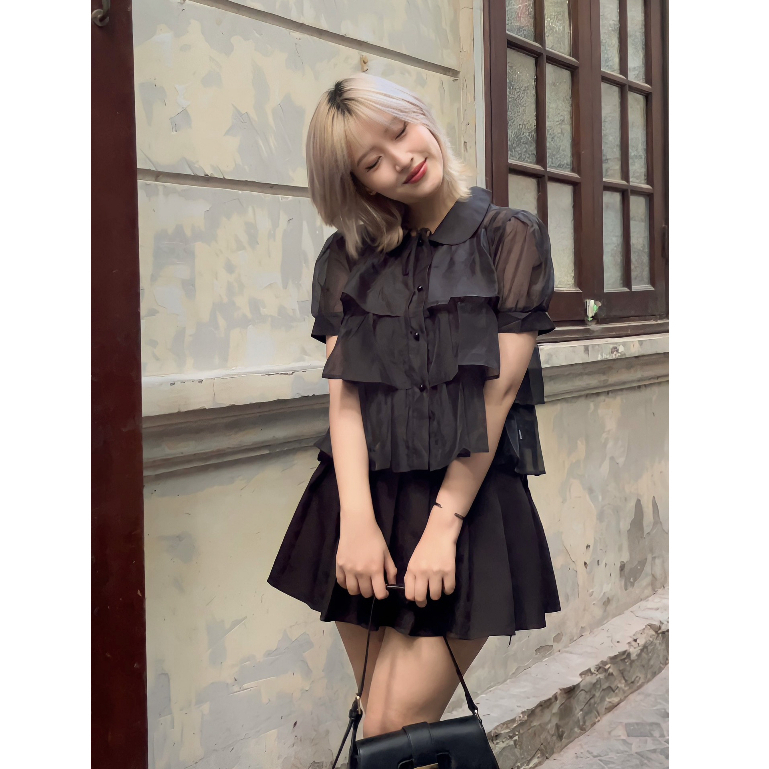Áo babydoll voan tầng, áo sơ mi babydoll tay ngắn cổ bèo tiểu thư - SM215 | Shopee Việt Nam