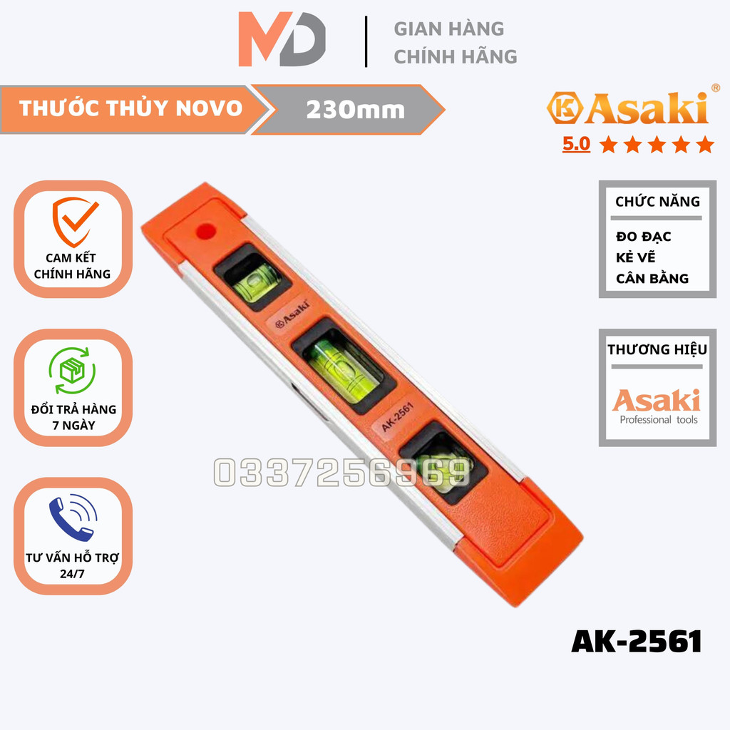 Thước thủy nivo mini hãng Asaki có nam châm dài 225mm, ống nước nivo đo góc nghiêng, livo điều ...