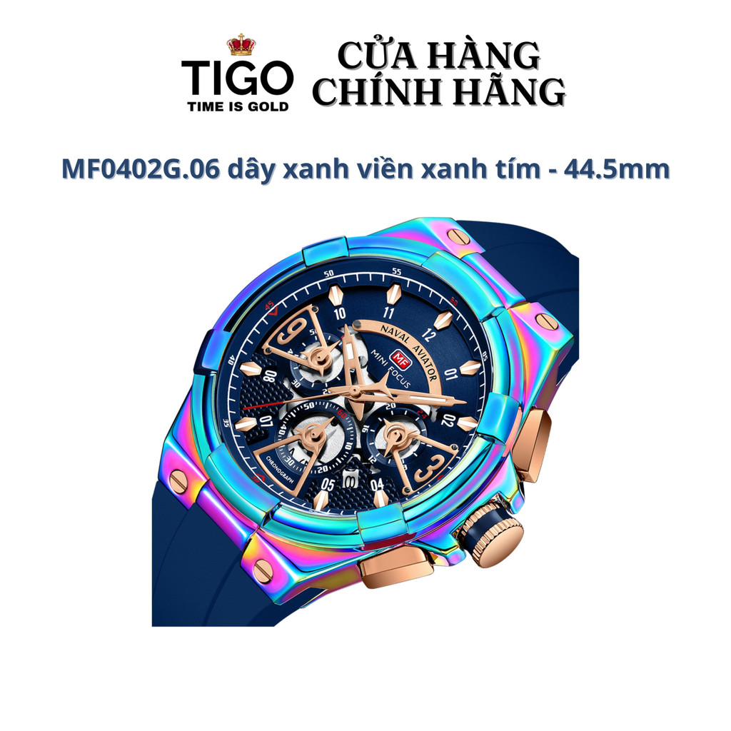 Đồng Hồ Nam MINI FOCUS MF0402G.06 Dây Silicone Xanh Viền Tím Thép Không Gỉ Mặt Tròn 44.5mm ...