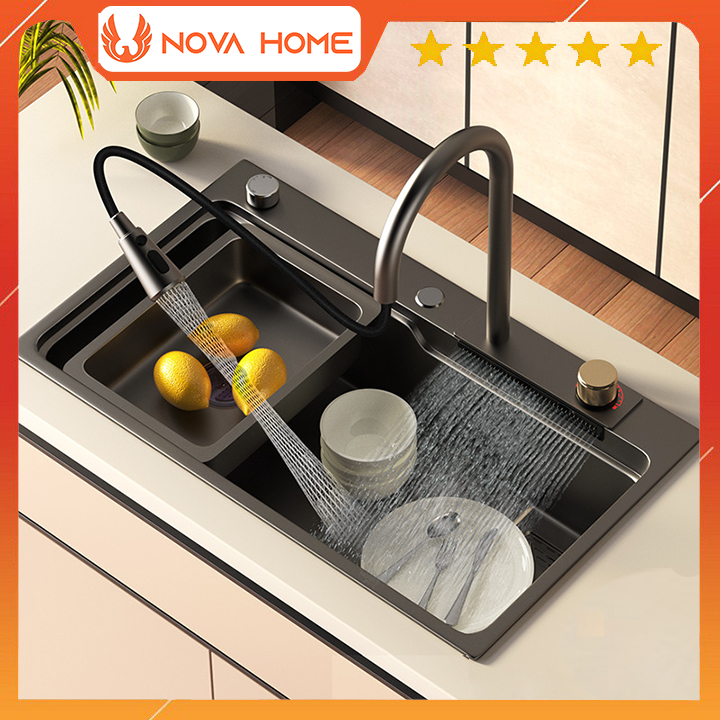 Chậu Rửa Bát 1 Hố Lớn 75x46cm Inox 304 Vòi Nóng Lạnh, Mạ Nano Có Vòi, Rút, Thác, Bồn Rửa Chén 1 ...