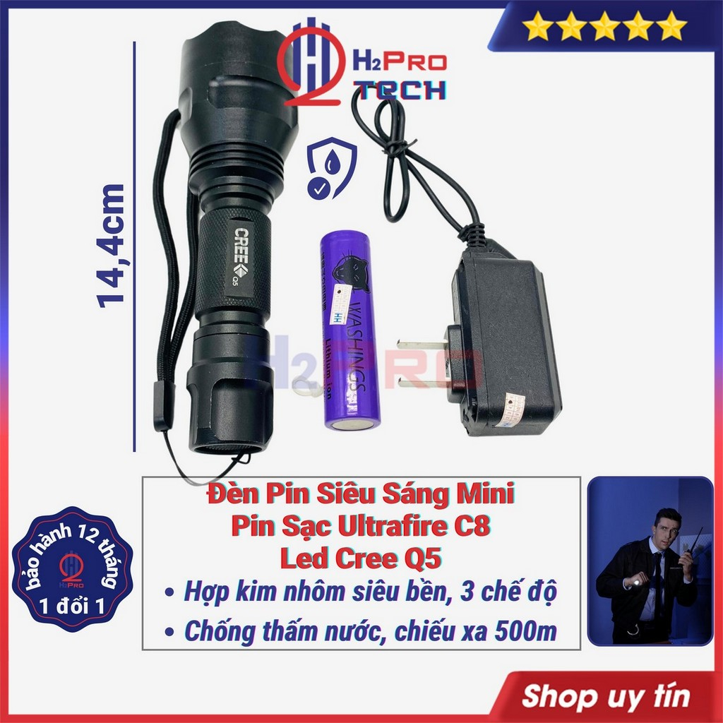 Đèn Pin Mini Cầm Tay UltraFire C8 Led Cree Q5 Trắng Siêu Sáng Có Sạc ...