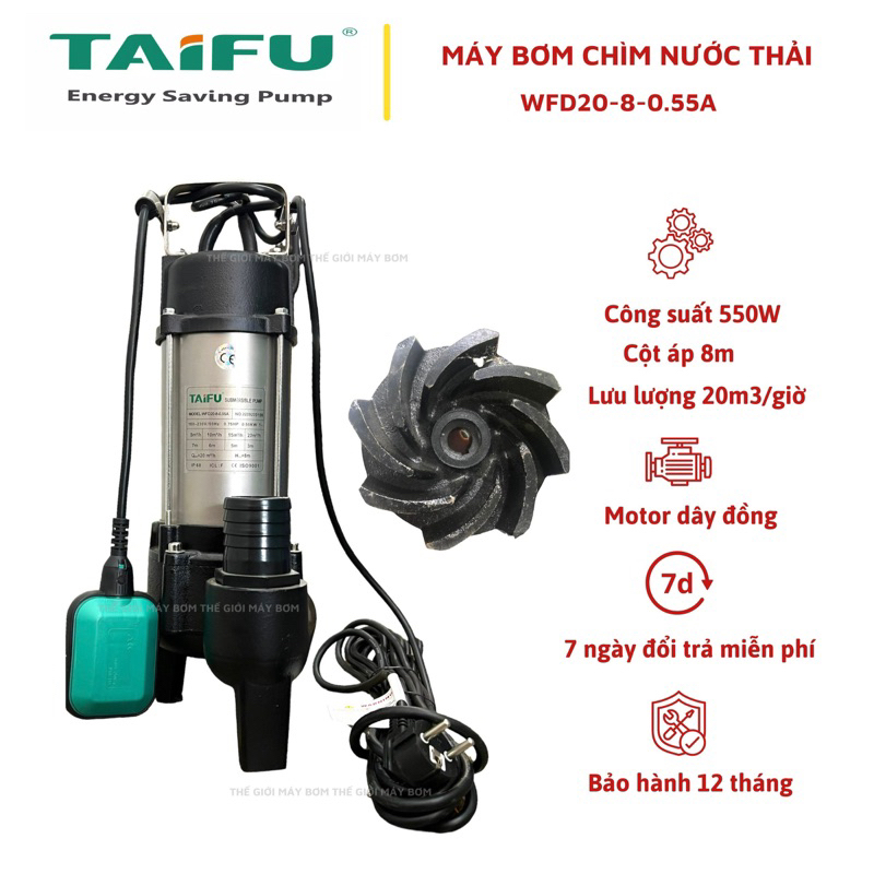 Máy bơm chìm nước thải 550W (0.75HP) Thân INOX 304 TAIFU WFD20-8-0.55A ...