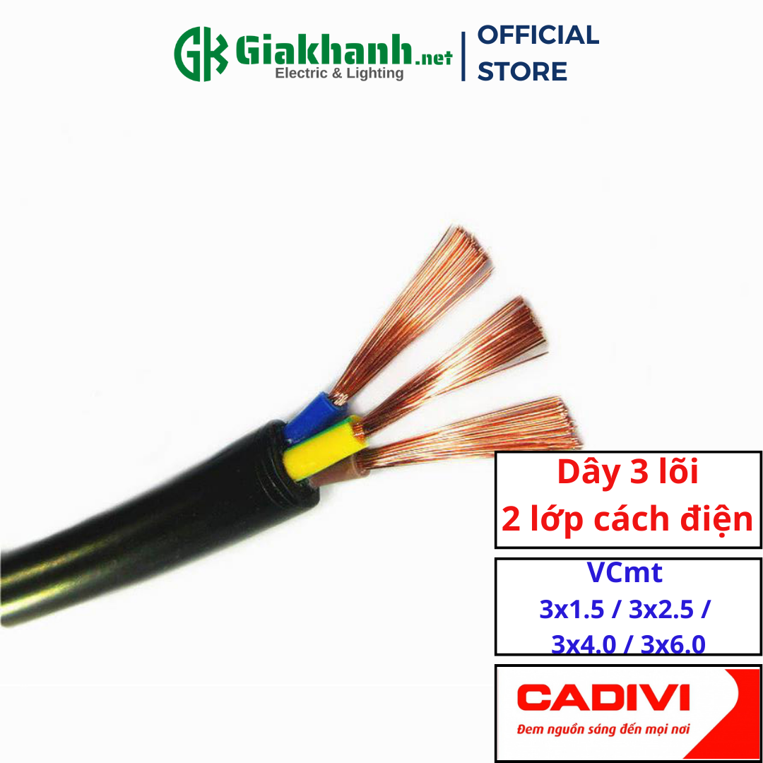 [bán theo mét] Dây Điện Mềm Tròn Bọc Nhựa PVC 3 lõi 300/500V, 2 Lớp Cách Điện Cadivi VCmt 3x1.5 ...