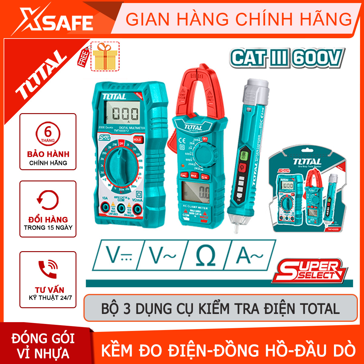 Bộ 3 dụng cụ kiểm tra điện TOTAL TMT43028 gồm kềm đo AC kỹ thuật số, đồng hồ đo điện vạn năng ...