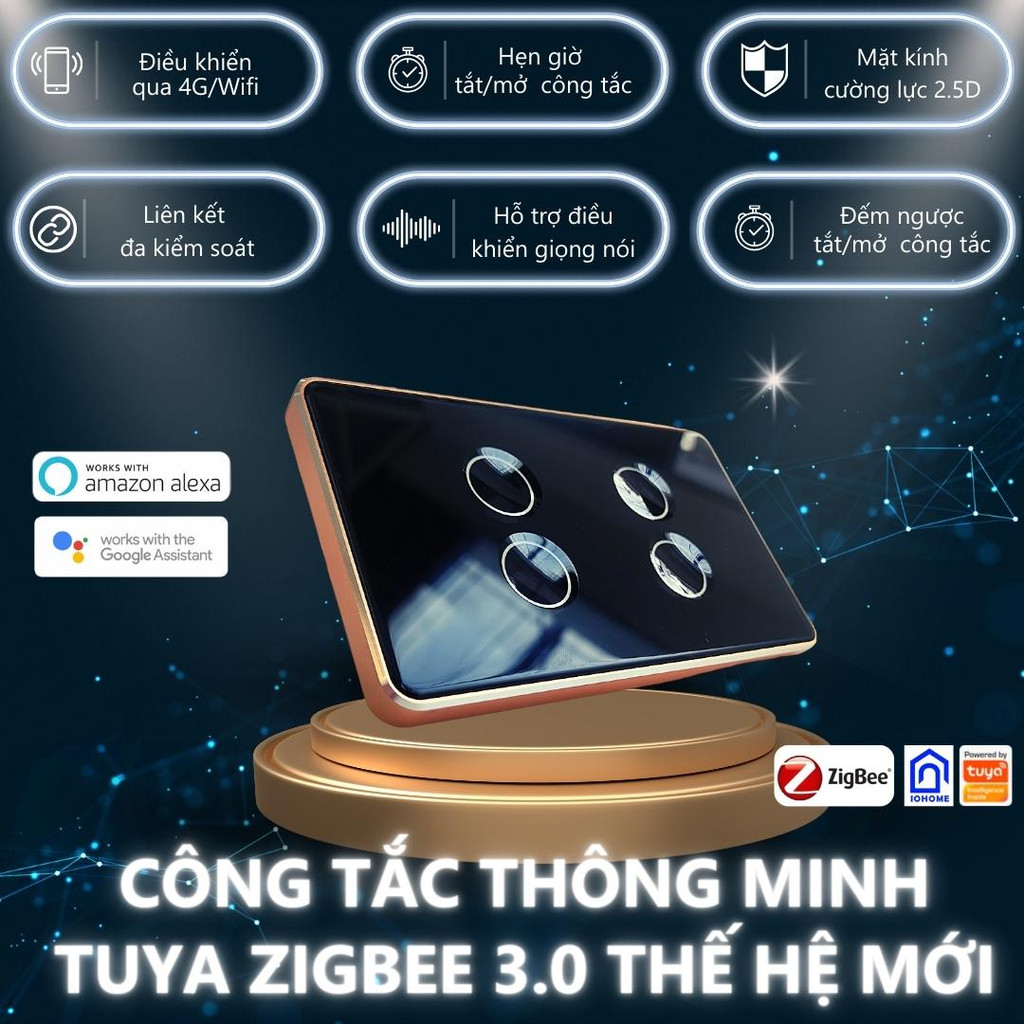 Công tắc cảm ứng cao cấp+Nút lõm+ TuyaSmart mặt kính 2.5D viền nhôm ...