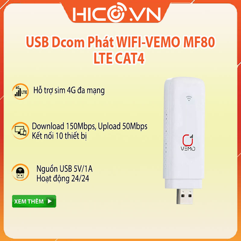 USB Dcom Phát Wifi từ sim 3g 4g-Vemo MF80 Lte Cat4 - Tốc Độ 150Mb - Hỗ Trợ Kết Nối 10 Thiết Bị ...
