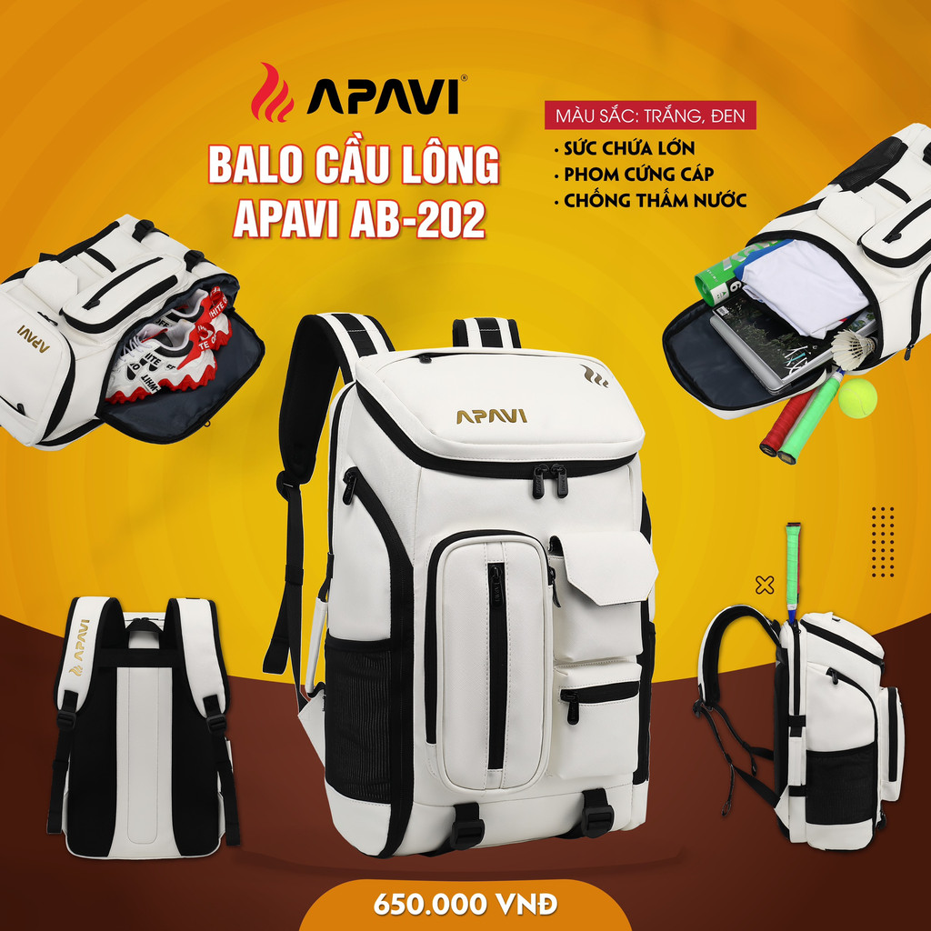 Balo cầu lông Apavi AB-202 Trắng đen, sức chứa lớn, phom cứng cáp, chống thấm nước, ngăn để vợt ...