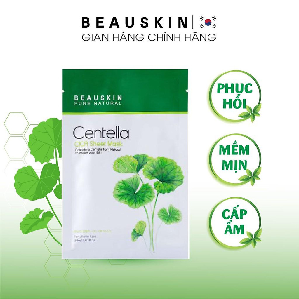 Hộp 5 mặt nạ giấy rau má giúp phục hồi, tái tạo, giảm mụn Beauskin Cica Centella Sheet Mask ...