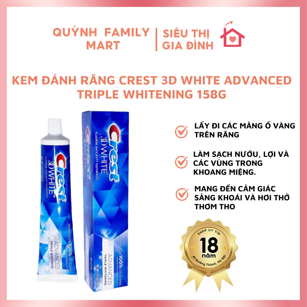 Kem đánh răng Crest 3D White Advanced Triple Whitening 158g | Shopee ...