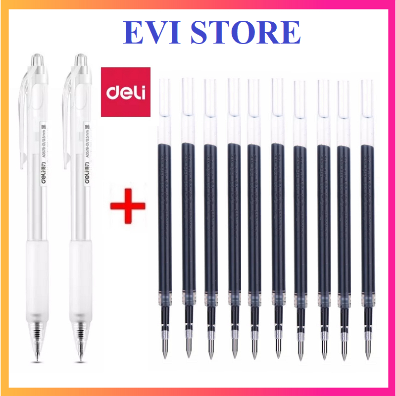 COMBO 2 bút gel nước Deli A057 + 10 ruột S206 mực đen / Set 2 bút + 10 ...