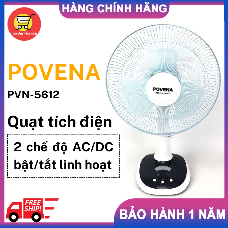 Quạt Tích Điện Povena PVN-5612 Chuyển Đổi AC/DC Linh Hoạt, Pin Lên Tới ...