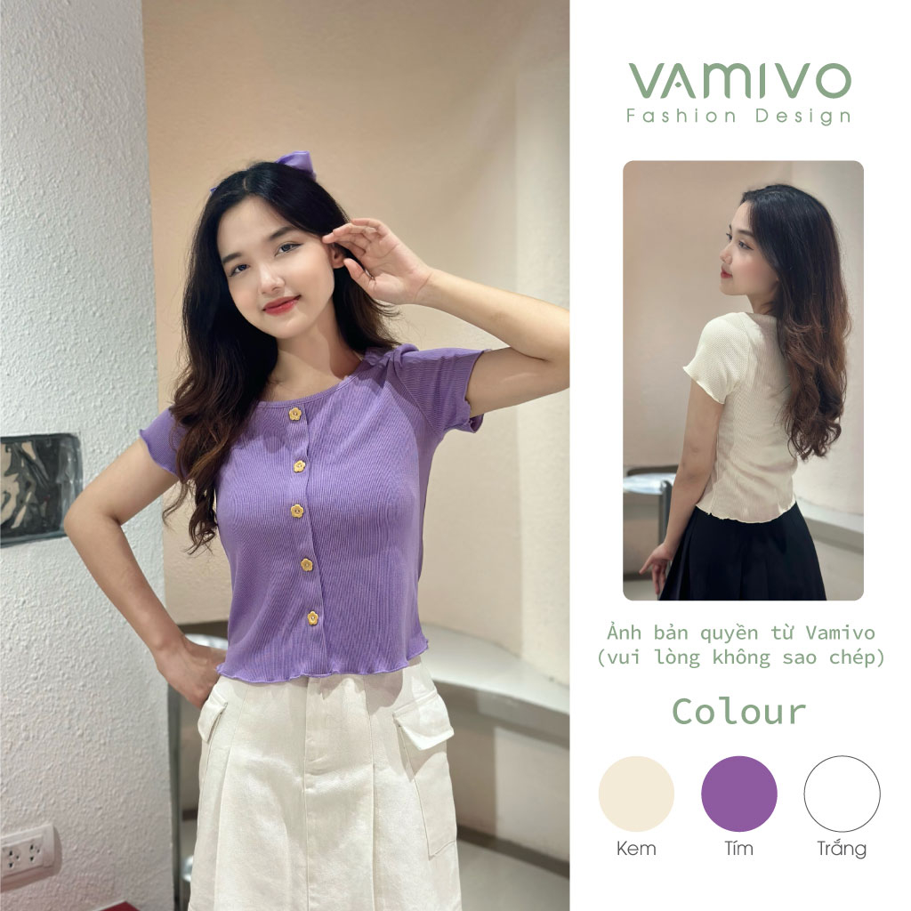 Áo thun kiểu nữ ATK02, áo thun trơn nữ viền bèo khuy hoa chất tăm Hàn thương hiệu Vamivo, may kỹ ...