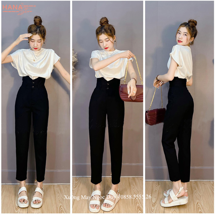 Quần tây nữ lưng cao cạp V 2 khuy cài màu Đen dáng quần baggy cạp cao nữ đi học công sở vải ...